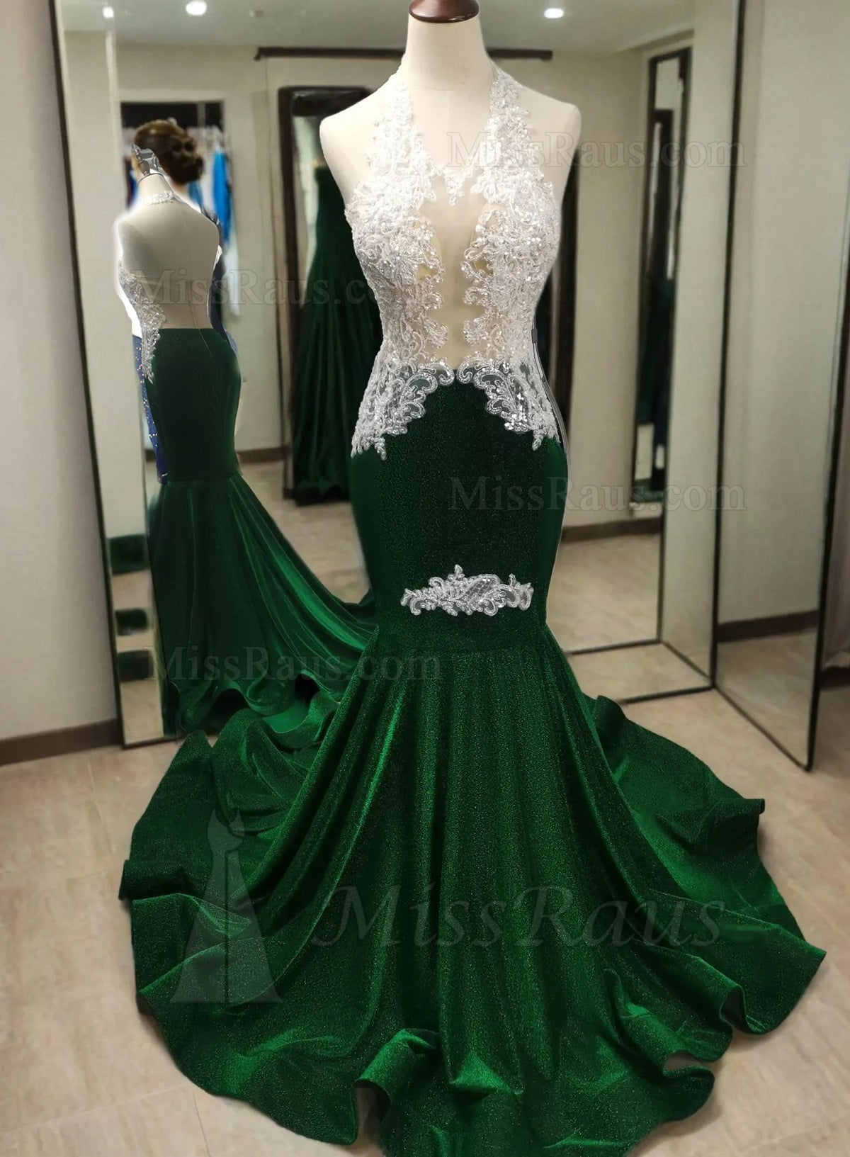 Hunter Green Sequin Lace Embellished Mermaid Prom Dresses Missraus